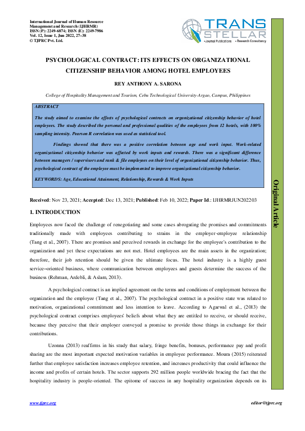 (PDF) PSYCHOLOGICAL CONTRACT: ITS EFFECTS ON ORGANIZATIONAL CITIZENSHIP ...