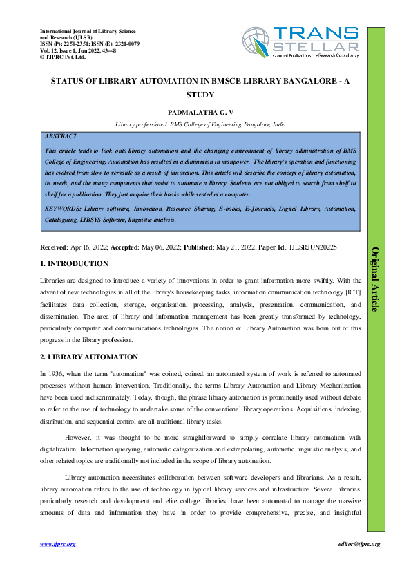 (PDF) STATUS OF LIBRARY AUTOMATION IN BMSCE LIBRARY BANGALORE -A STUDY
