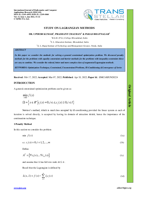 (PDF) STUDY ON LAGRANGIAN METHODS