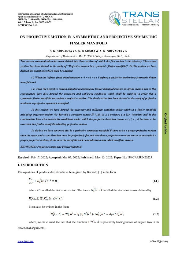 (PDF) ON PROJECTIVE MOTION IN A SYMMETRIC AND PROJECTIVE SYMMETRIC ...