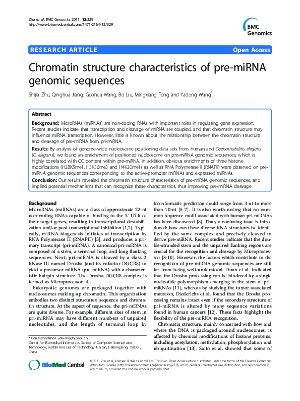 (PDF) Chromatin structure characteristics of pre-miRNA genomic sequences
