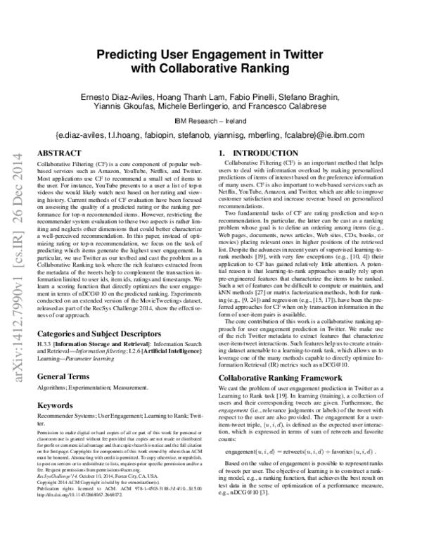 (PDF) Predicting User Engagement in Twitter with Collaborative Ranking | Fabio Pinelli ...