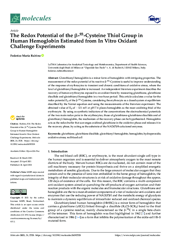 (PDF) The Redox Potential of the β-93-Cysteine Thiol Group in Human ...