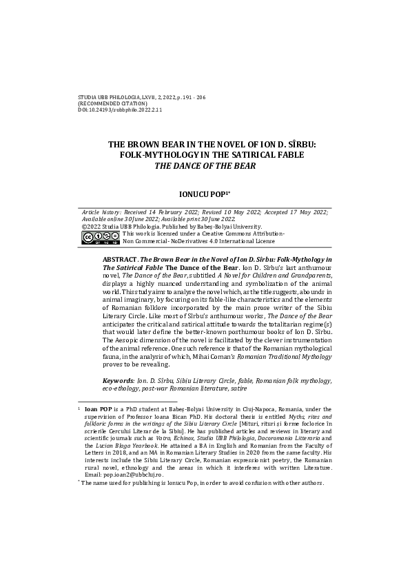 (PDF) The Brown Bear in the Novel of Ion D. Sîrbu: Folk-Mythology in ...