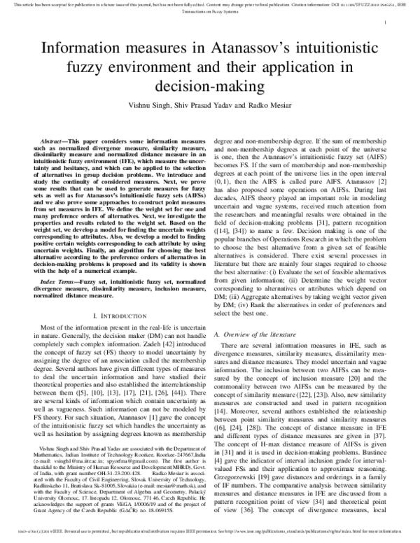 (PDF) Information measures in Atanassov's intuitionistic fuzzy environment and their application ...