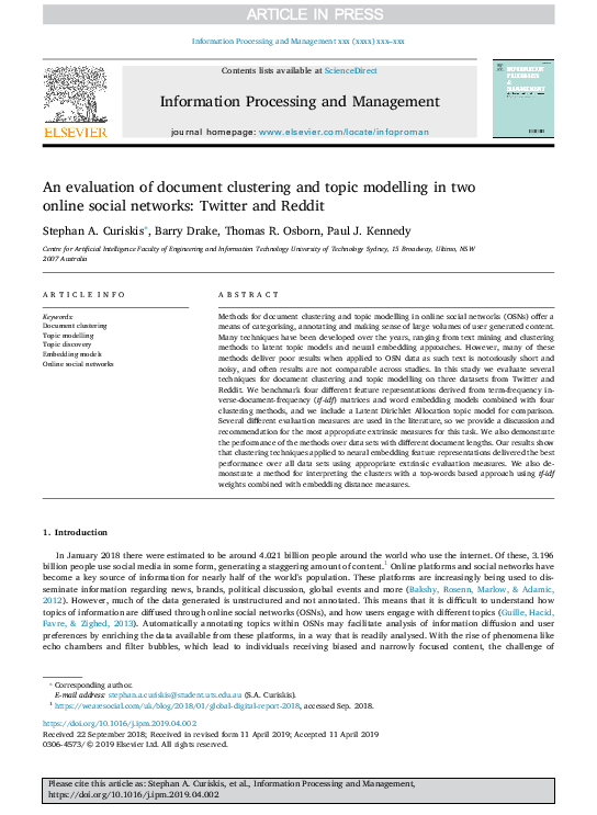 Pdf An Evaluation Of Document Clustering And Topic Modelling In Two