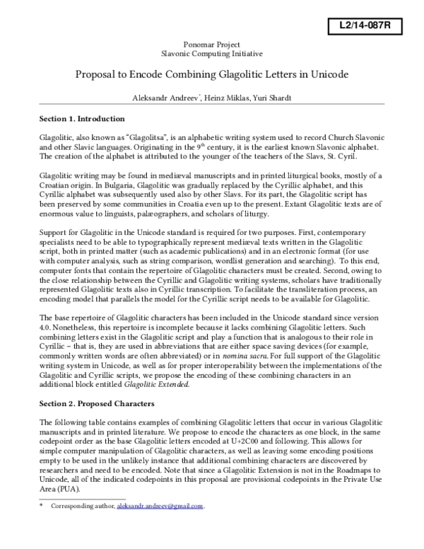 (PDF) Proposal to Encode Combining Glagolitic Letters in Unicode
