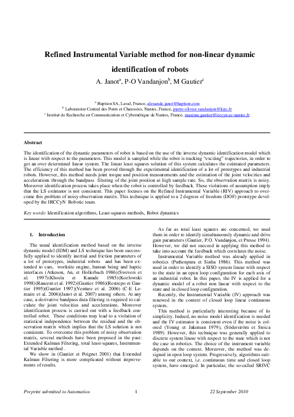 Pdf Refined Instrumental Variable Method For Non Linear Dynamic Identification Of Robots