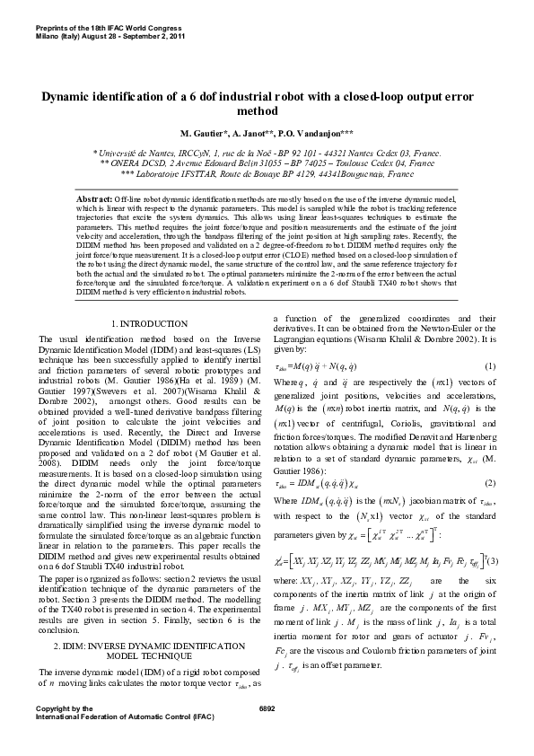 Pdf Dynamic Identification Of A 6 Dof Industrial Robot With A Closed Loop Output Error Method