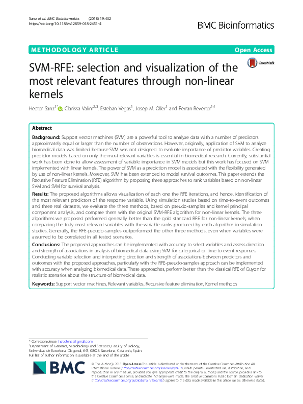 Pdf Svm Rfe Selection And Visualization Of The Most Relevant Features Through Non Linear Kernels