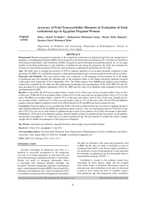 Pdf Accuracy Of Fetal Transcerebellar Diameter In Evaluation Of Fetal Gestational Age In