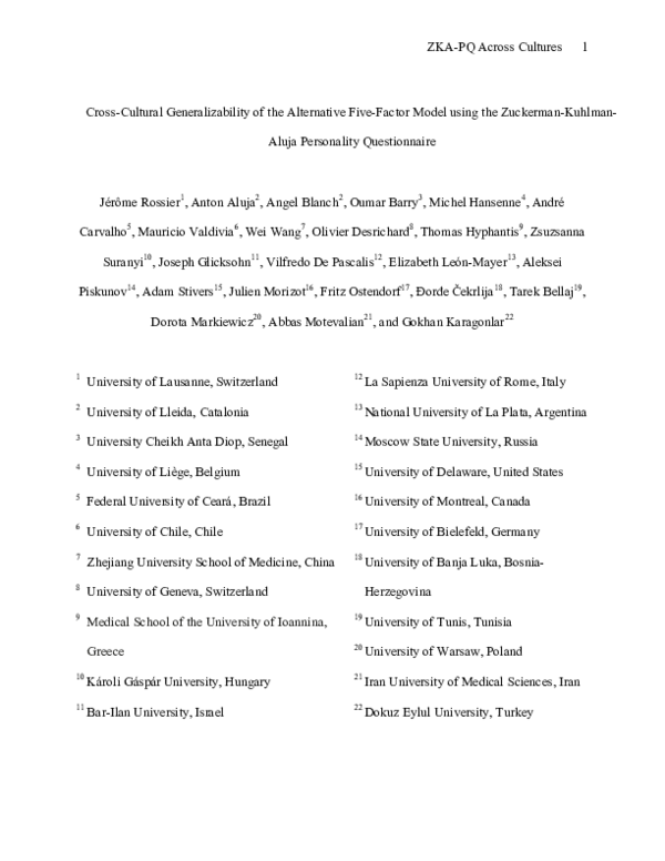 (PDF) Cross–cultural Generalizability of the Alternative Five–factor ...