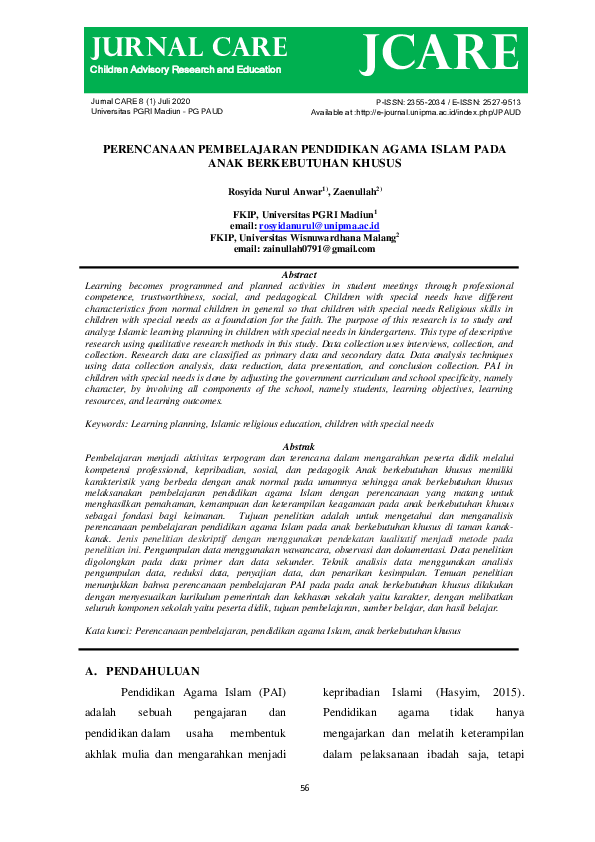 (PDF) Perencanaan Pembelajaran Pendidikan Agama Islam Pada Anak Berkebutuhan Khusus