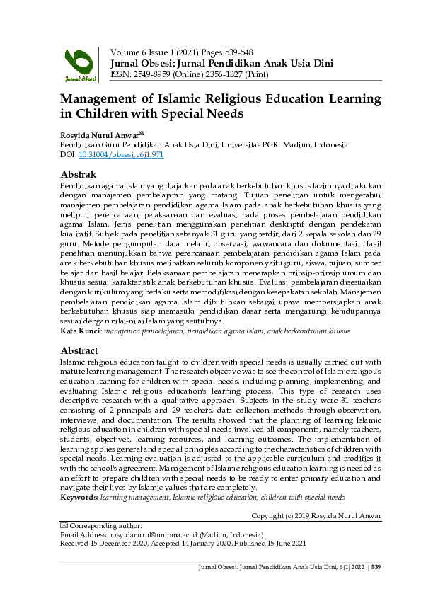 (PDF) Management of Islamic Religious Education Learning in Children with Special Needs