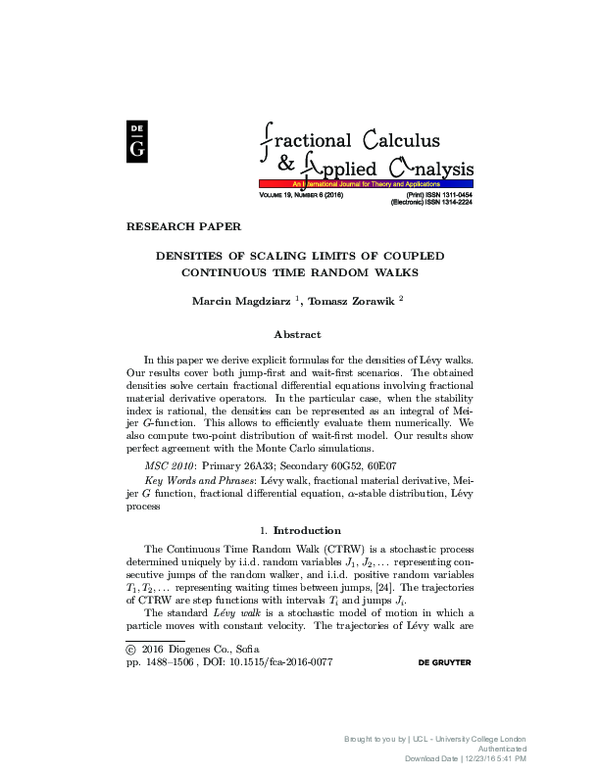 Pdf Densities Of Scaling Limits Of Coupled Continuous Time Random Walks