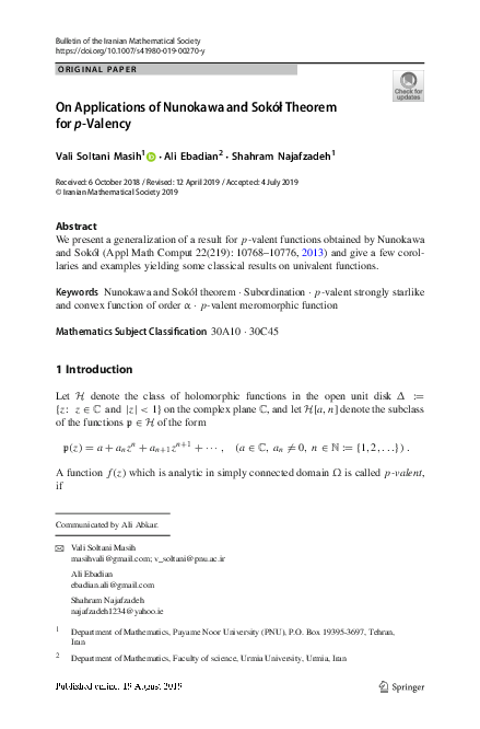 (PDF) On Applications of Nunokawa and Sokół Theorem for p-Valency