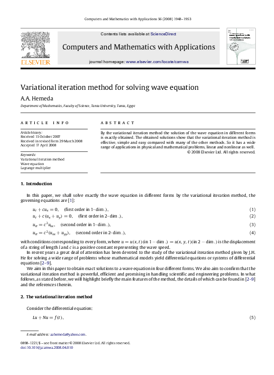 Pdf Variational Iteration Method For Solving The Wave Equation