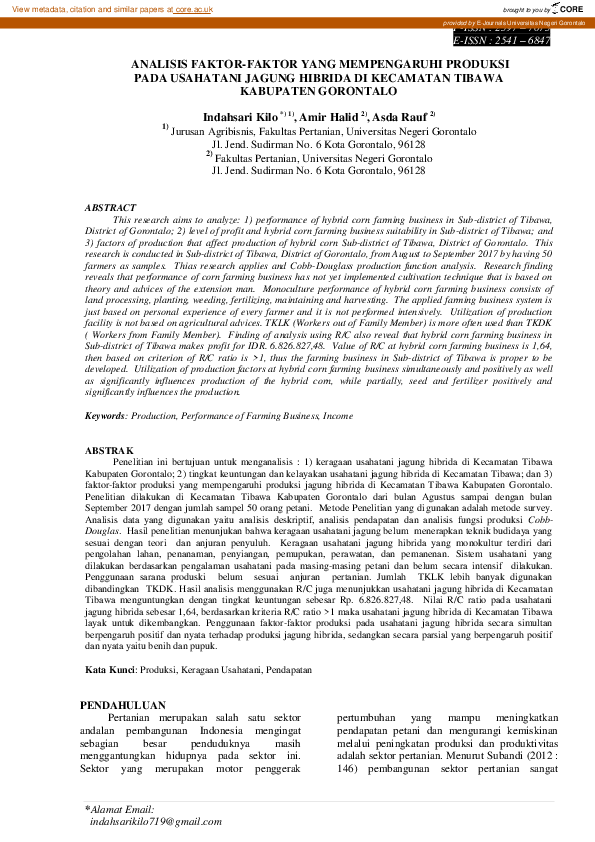 (PDF) Analisis Faktor-Faktor Yang Mempengaruhi Produksi Pada Usahatani Jagung Hibrida DI ...