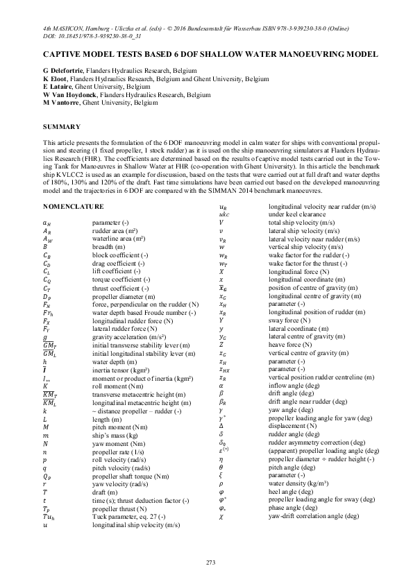 (PDF) Captive model tests based 6 DOF shallow water manoeuvring model