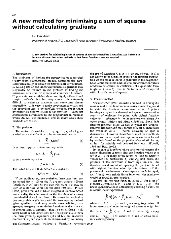 A New Method For Minimising A Sum Of Squares Without Calculating Gradients