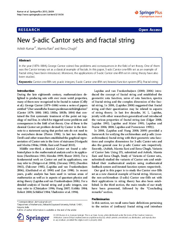 Pdf New 5 Adic Cantor Sets And Fractal String Mamta Rani