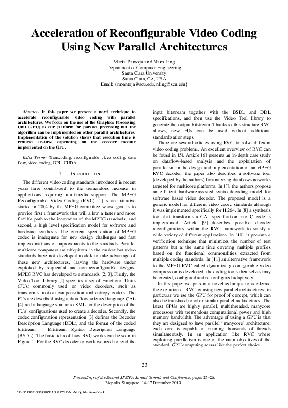 (PDF) Acceleration of Reconfigurable Video Coding Using New Parallel Architectures | Nam Ling ...