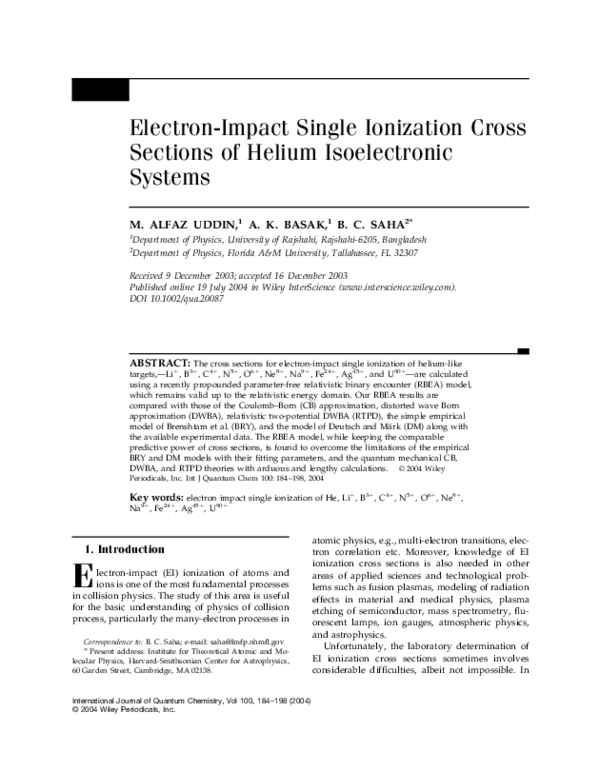 Pdf Electron Impact Single Ionization Cross Sections Of Helium