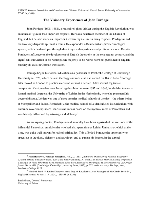 (PDF) The Visionary Experiences of John Pordage