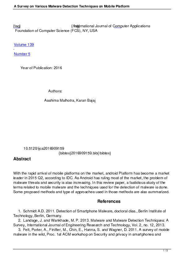 Pdf A Survey On Various Malware Detection Techniques On Mobile Platform