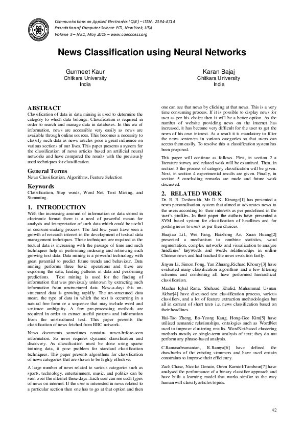 (PDF) News Classification using Neural Networks