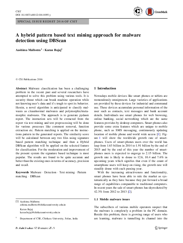 (PDF) A hybrid pattern based text mining approach for malware detection using DBScan