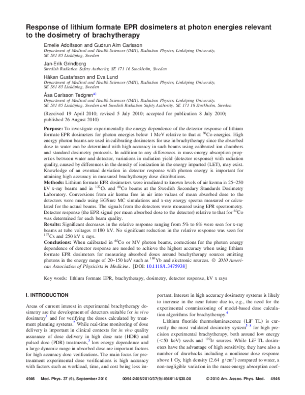 (PDF) Response of lithium formate EPR dosimeters at photon energies ...