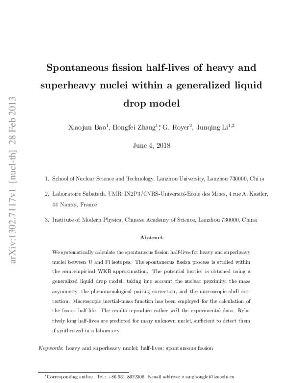 (PDF) Spontaneous fission half-lives of heavy and superheavy nuclei ...