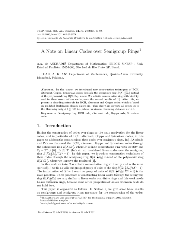 (PDF) A Note on Linear Codes over Semigroup Rings