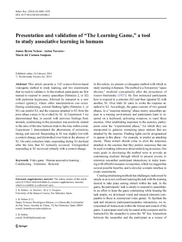 (PDF) Presentation and validation of “The Learning Game,” a tool to ...