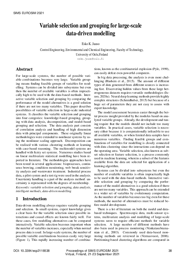 Pdf Variable Selection And Grouping For Large Scale Data Driven Modelling