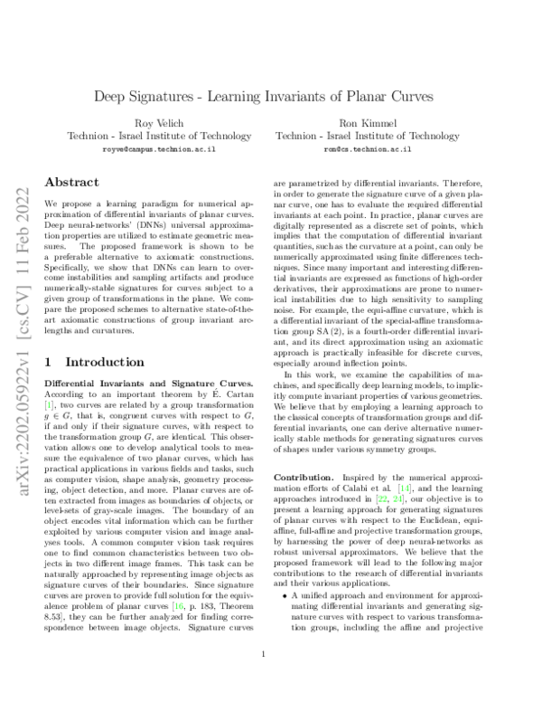 (PDF) Deep Signatures -- Learning Invariants of Planar Curves