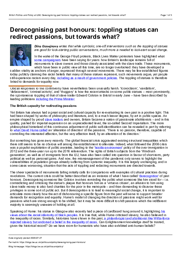 (PDF) Derecognising past honours: toppling statues can redirect passions, but towards what?