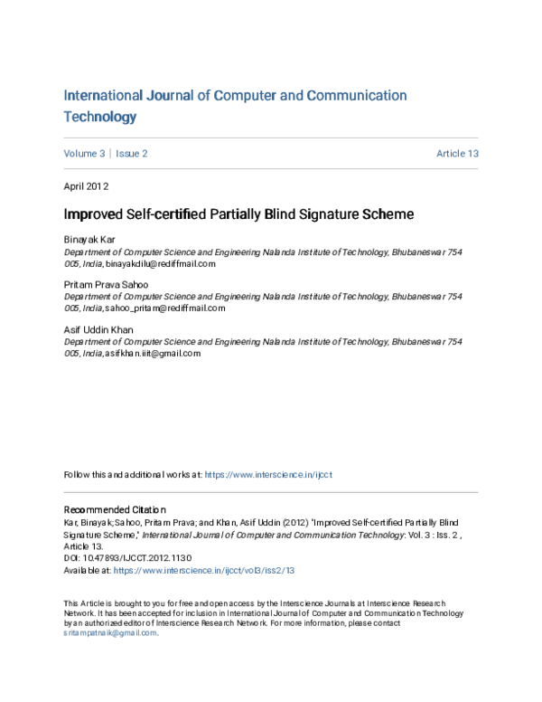 (PDF) Improved Self-certified Partially Blind Signature Scheme (PDF) Improved Self-certified Partially Blind Signature Scheme