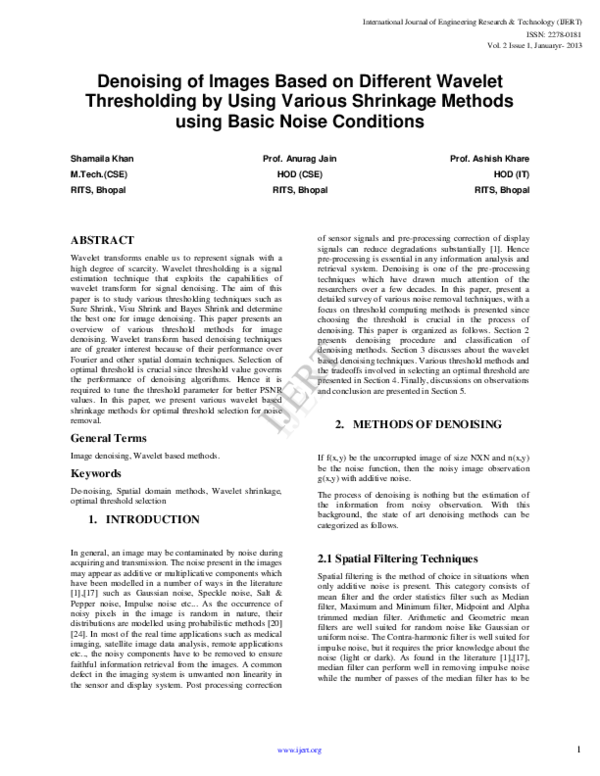 Pdf Denoising Of Images Based On Different Wavelet Thresholding By Using Various Shrinkage