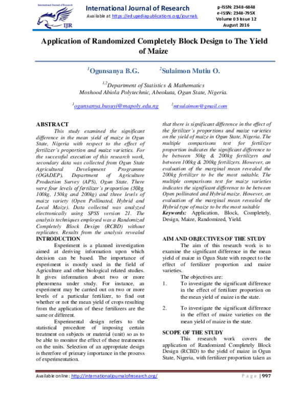 (PDF) Application of Randomized Completely Block Design to The Yield of Maize