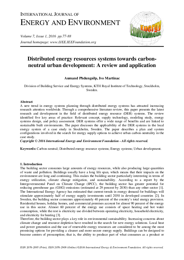 (PDF) Distributed energy resource systems towards carbon-neutral urban development : A review ...