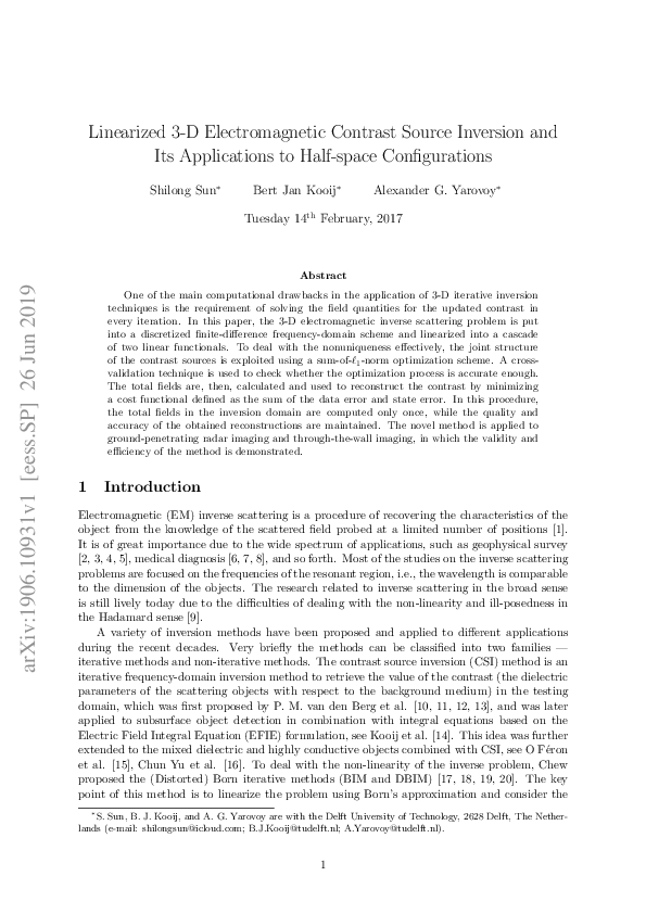 (PDF) Linearized 3-D Electromagnetic Contrast Source Inversion and Its Applications to Half ...