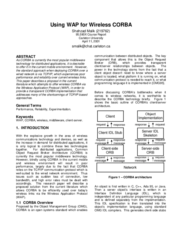 (PDF) Using WAP for Wireless CORBA