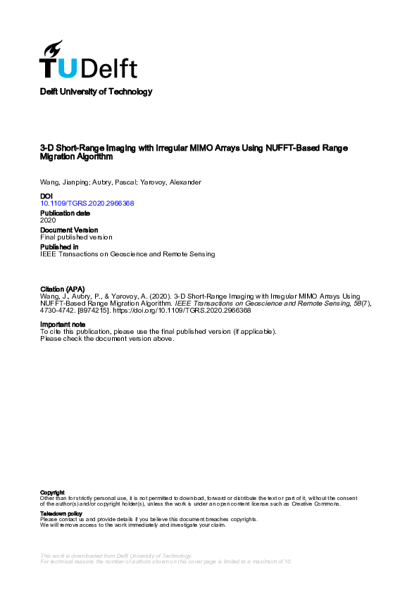 Pdf 3 D Short Range Imaging With Irregular Mimo Arrays Using Nufft Based Range Migration Algorithm