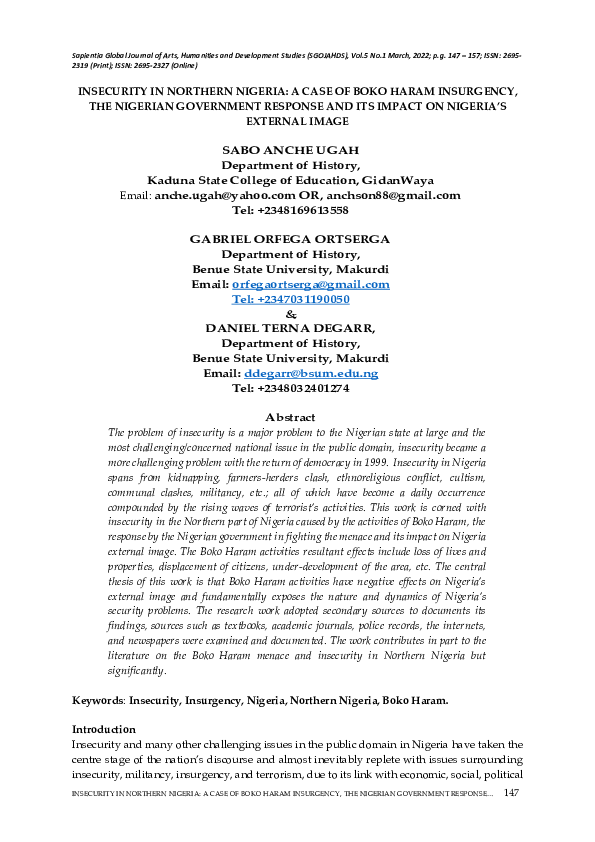 (PDF) Insecurity in Northern Nigeria: A Case of Boko Haram Insurgency, the Nigerian Government ...