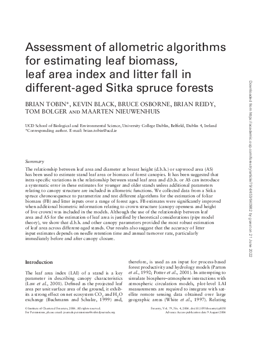 (PDF) Assessment of allometric algorithms for estimating leaf biomass, leaf area index and ...