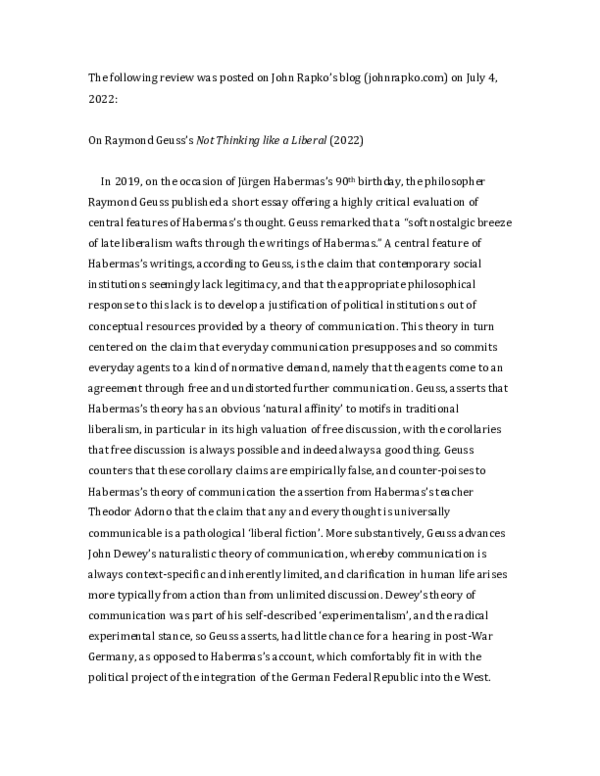 (PDF) Book Review: Raymond Geuss, Not Thinking like a Liberal (2022)