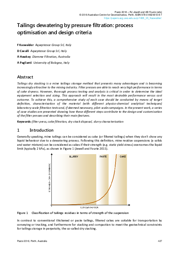 (PDF) Tailings dewatering by pressure filtration: process optimisation ...