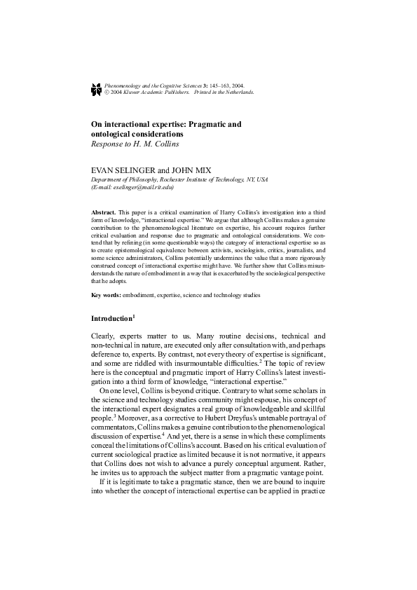 (PDF) On interactional expertise: Pragmatic and ontological considerations